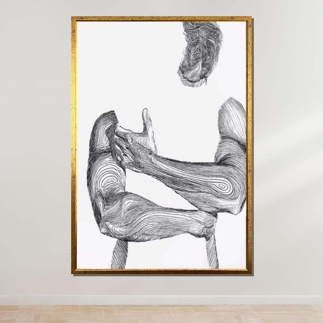 Abstract Muscular Form Art, Surreal Woodgrain Anatomy Canvas, Black and ...