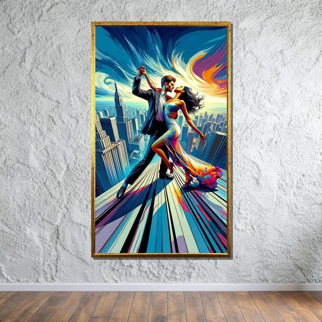Dynamic City Dance Art, Vibrant Couple Wall Print, Surreal Skyline ...