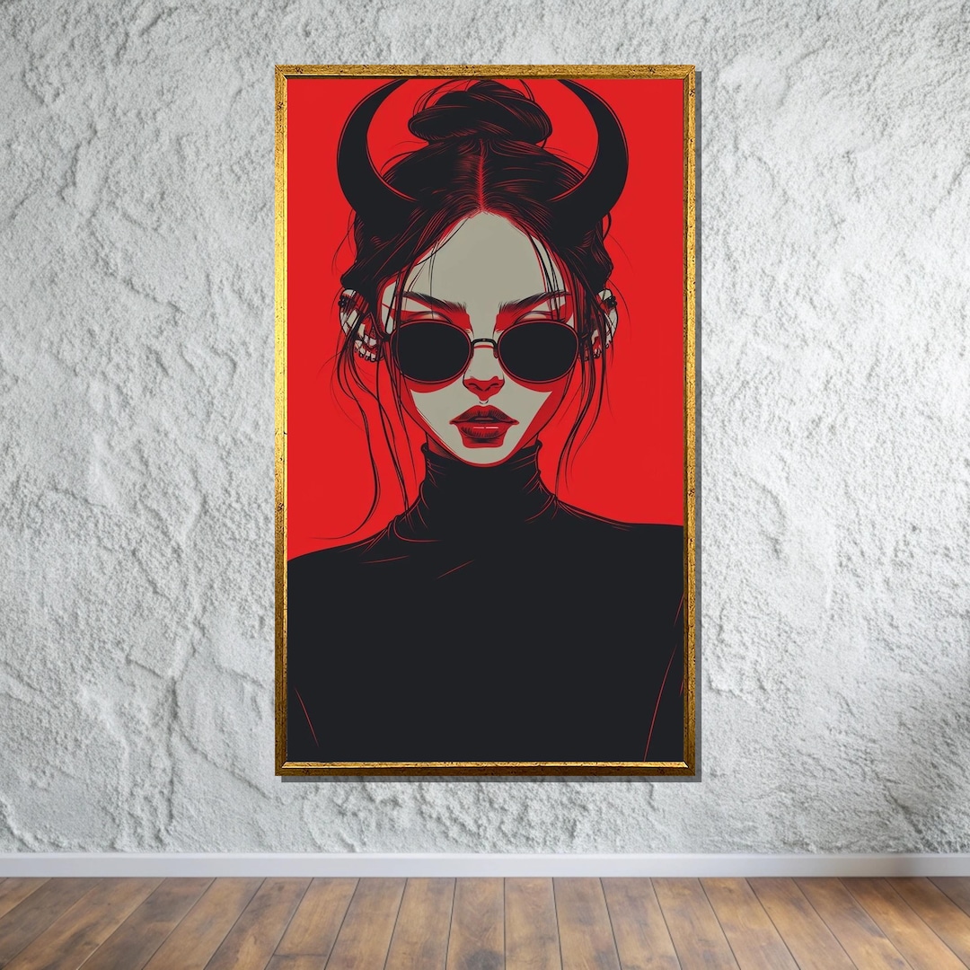 Dark Femme Fatale Art, Devil Horns Woman Illustration, Gothic Red and ...