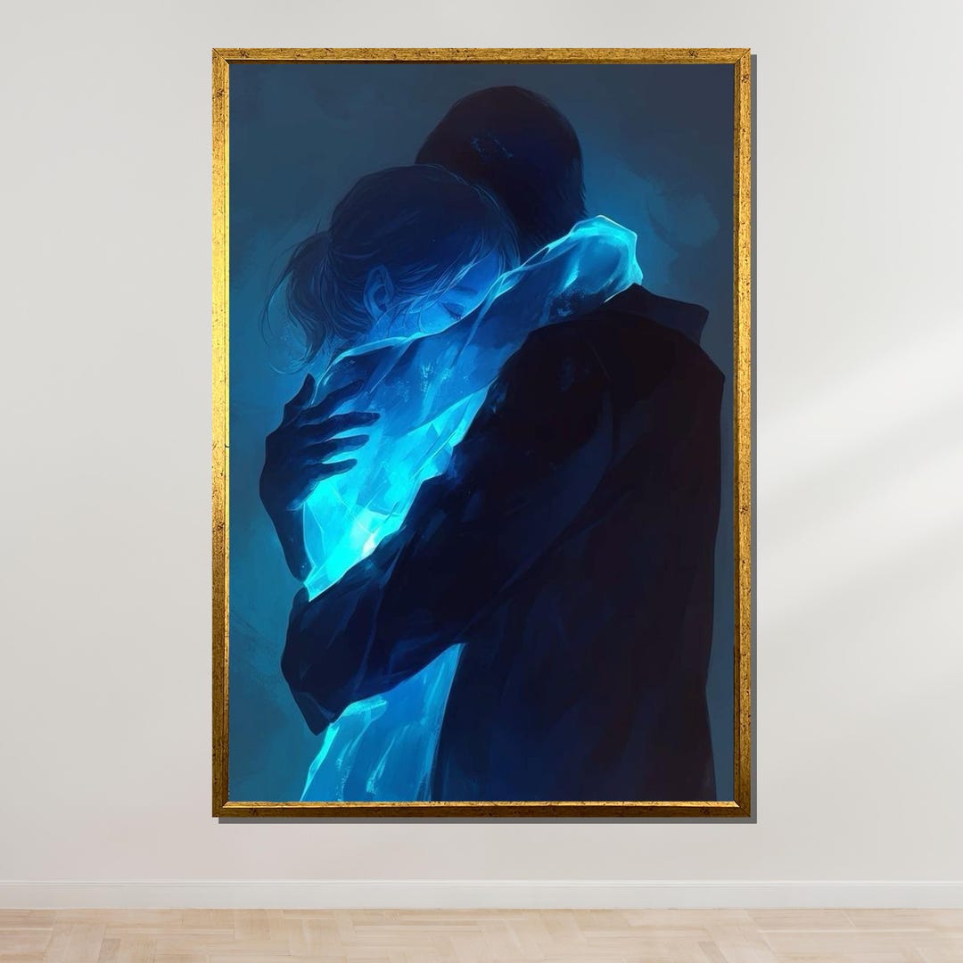 Ethereal Embrace Art, Emotional Couple Painting, Glowing Blue Hug ...