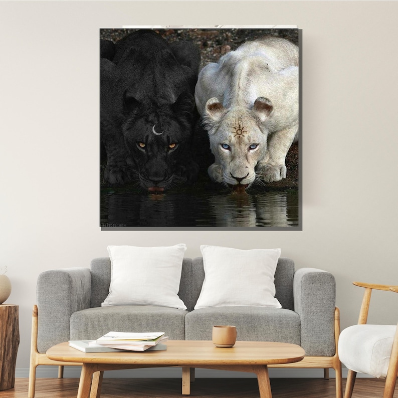 Sun and Moon Lions, Black and White Panther Duo, Symbolic Wild Cats Art ...