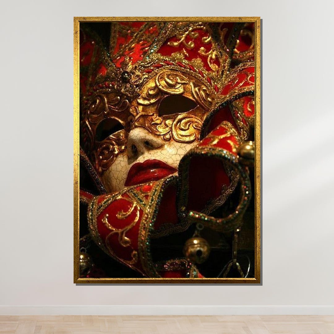 Venetian Mask Canvas, Elegant Carnival Artwork, Red and Gold Mask Wall ...