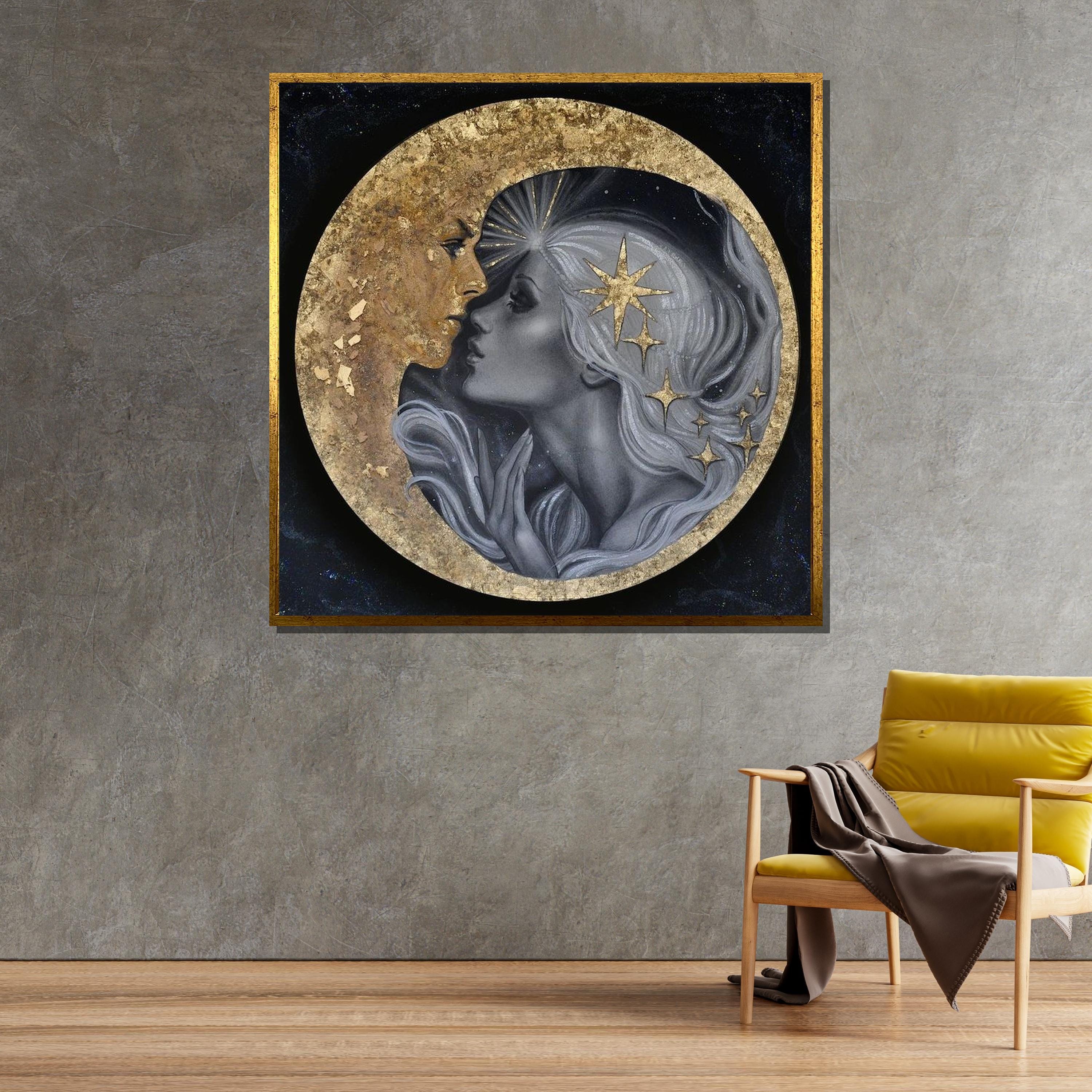 Sun and Moon Lovers Canvas, Celestial Romance Artwork, Gold and Silver ...
