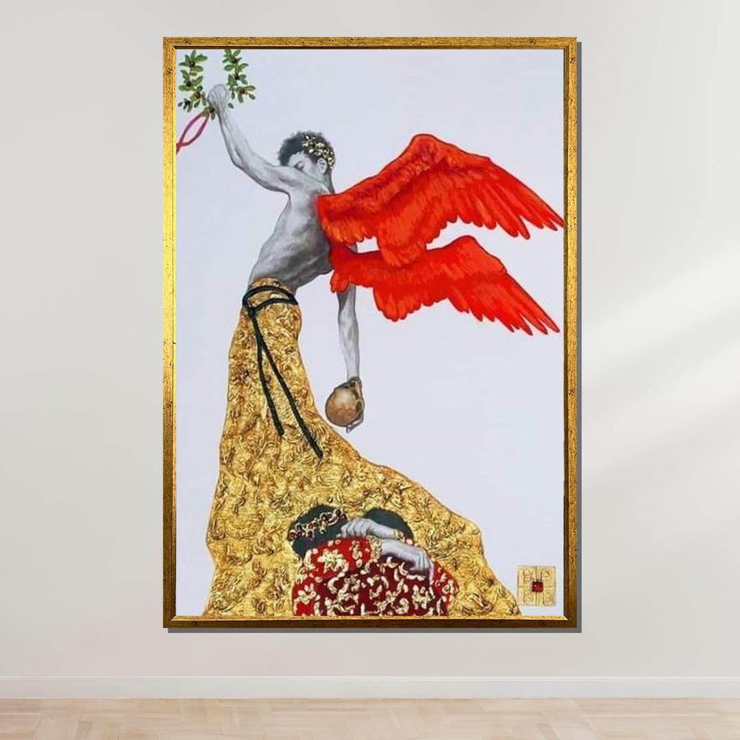 Red-winged Guardian, Mythological Art, Surreal Angelic Canvas, Gold ...