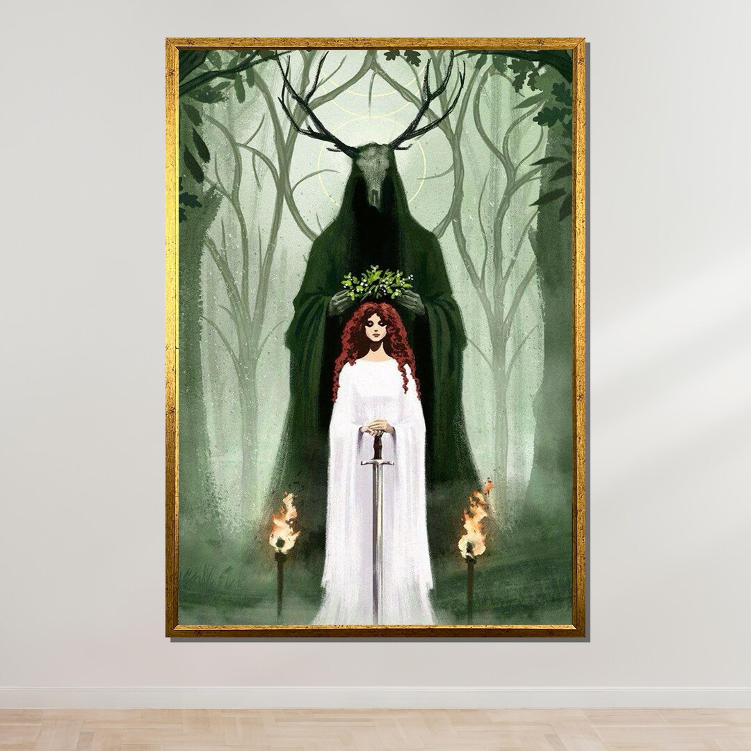 Forest Ritual Art, Mystical Woman With Sword, Dark Fantasy Wall Art ...