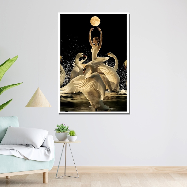 Swan Ballet Art Print, Elegant Dancer With Swans, Full Moon Wall Art ...