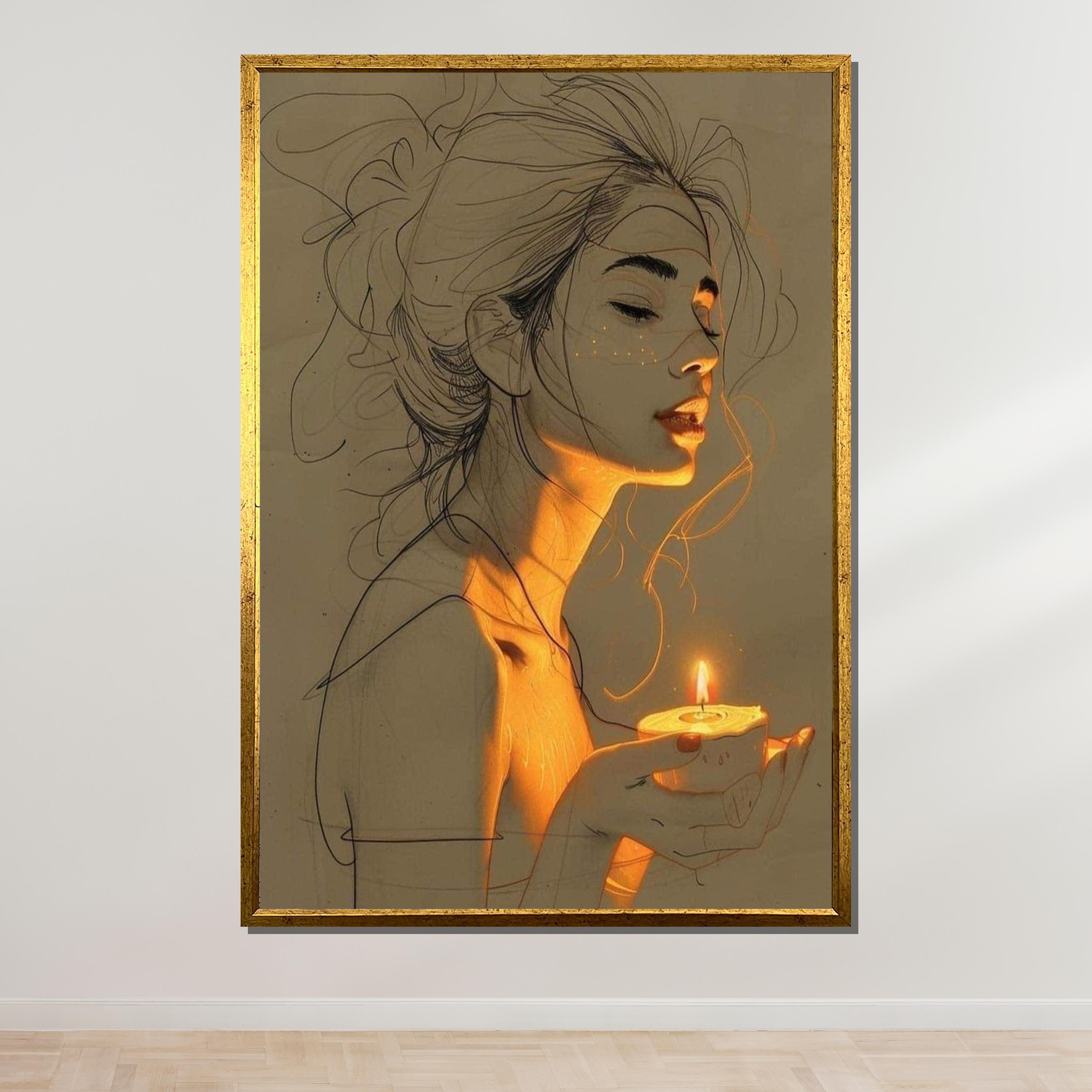Candlelight Glow Woman, Minimalist Line Art Portrait, Soft Abstract ...