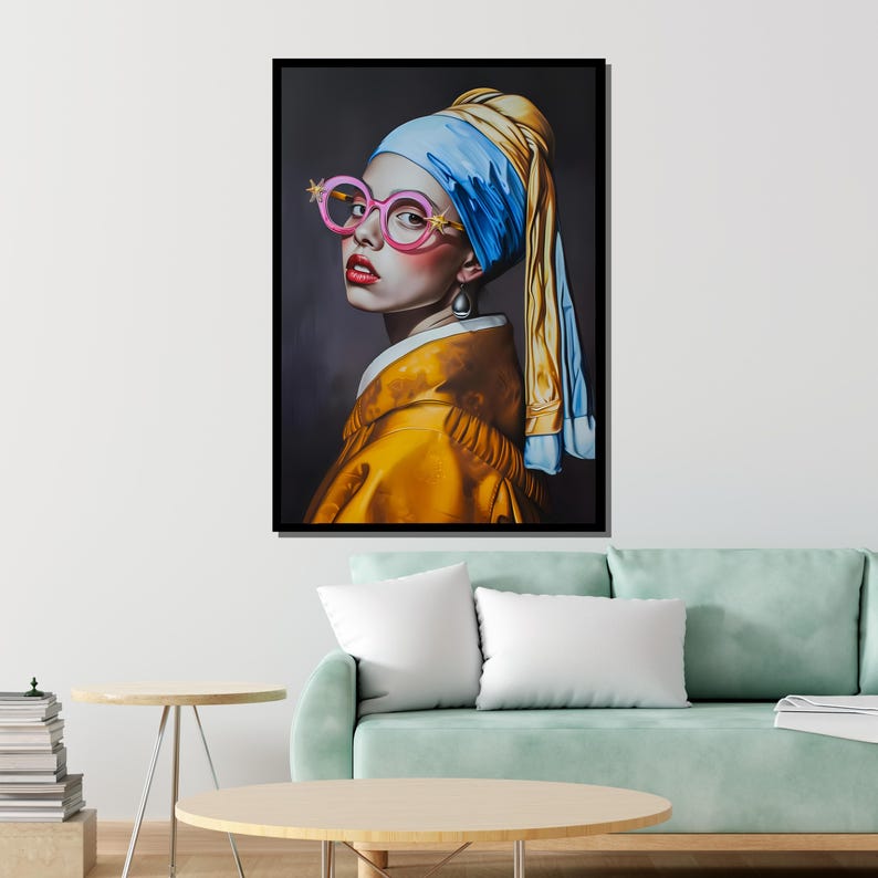 Quirky Girl With Pearl Earring Canvas, Modern Pop Art Portrait, Fun ...