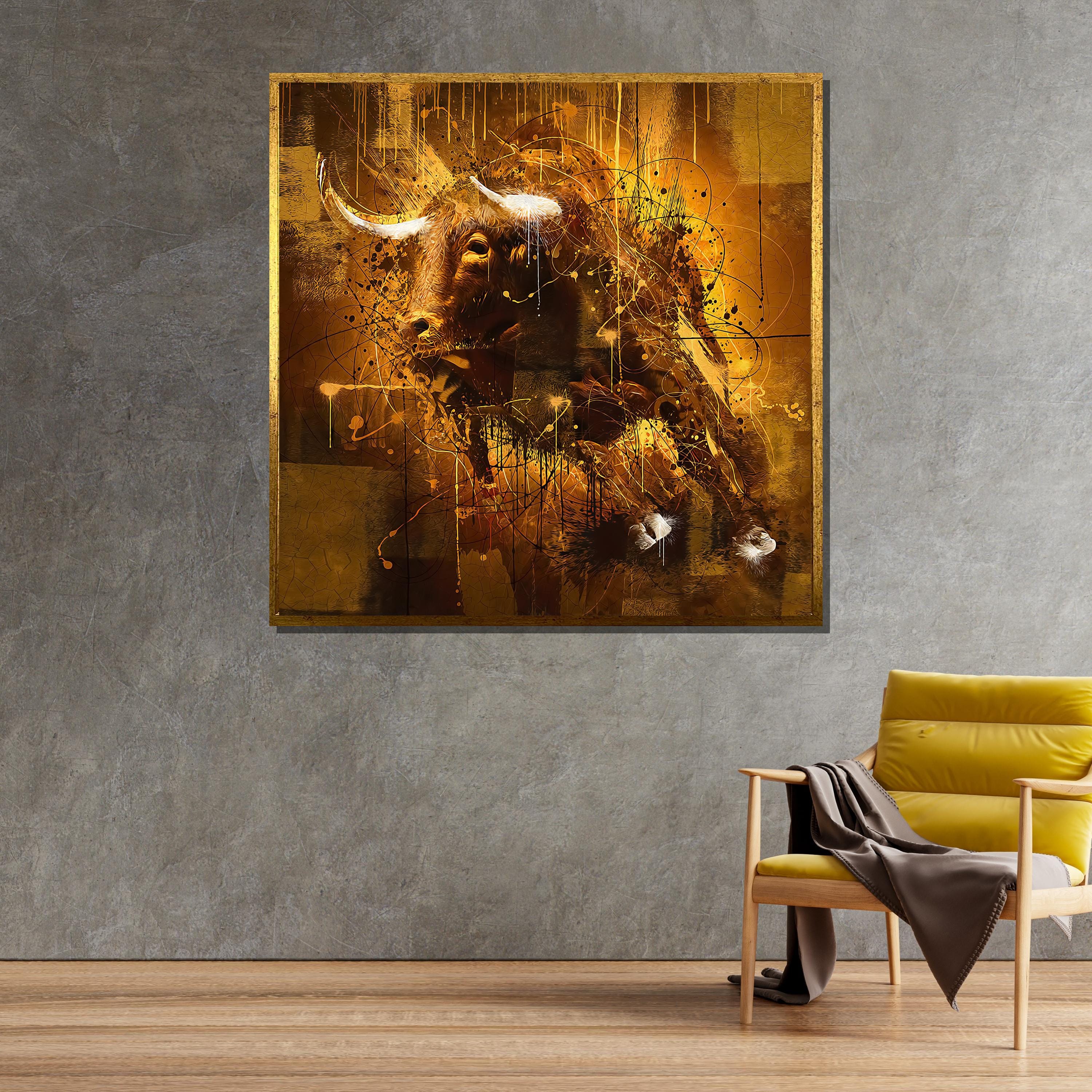 Abstract Bull Canvas, Golden Bull Art, Modern Bull Painting, Animal ...