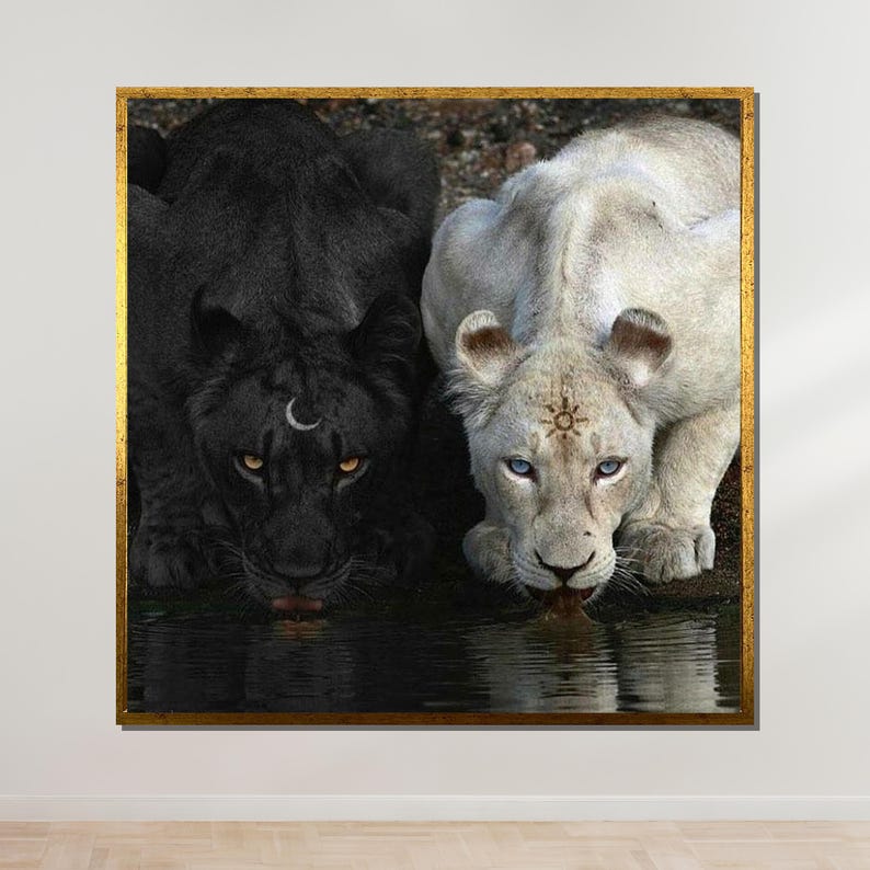 Sun and Moon Lions, Black and White Panther Duo, Symbolic Wild Cats Art ...