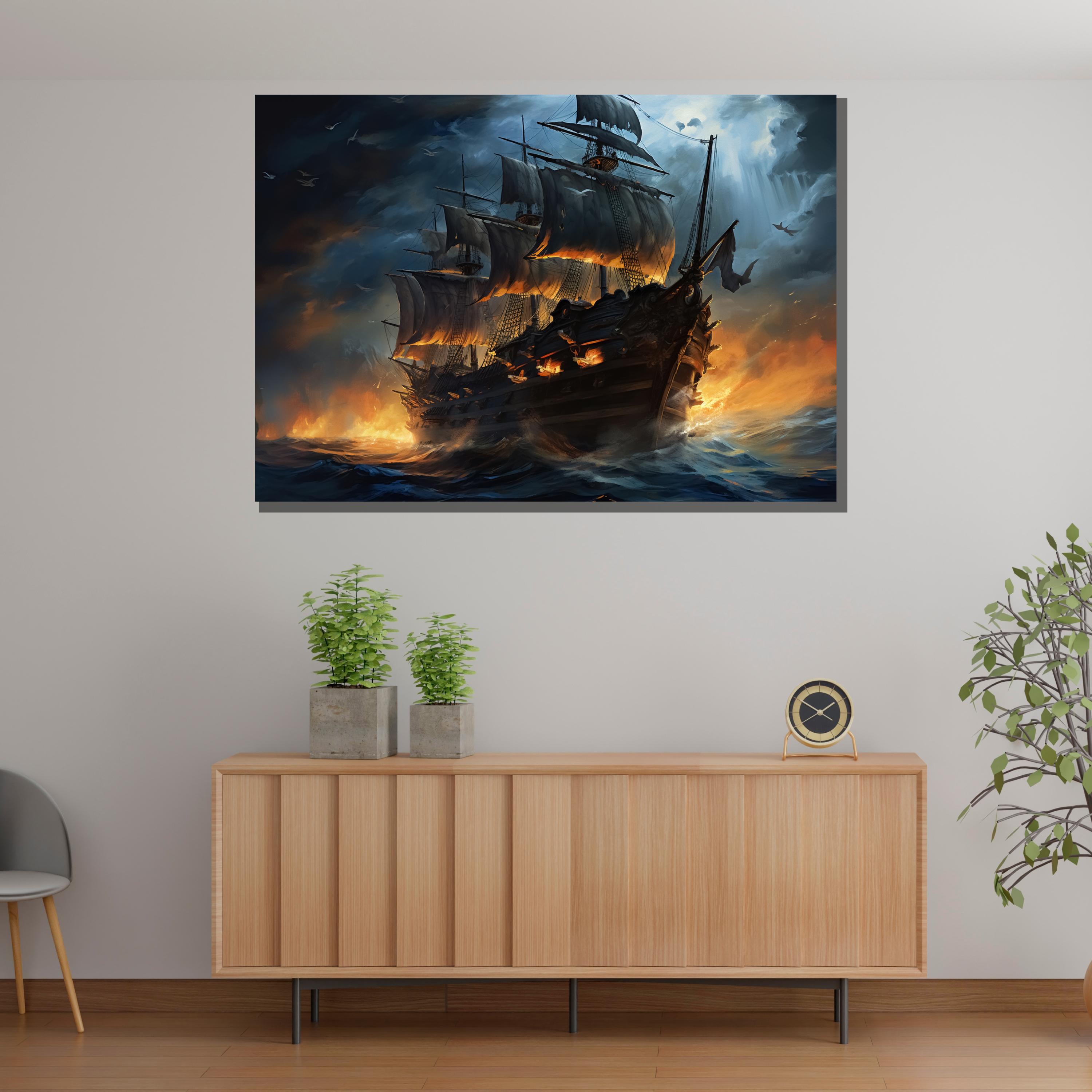 Ghostly Pirate Ship Canvas, Dark Nautical Wall Art, Haunted Ship at Sea ...