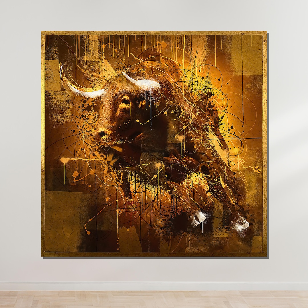 Abstract Bull Canvas, Golden Bull Art, Modern Bull Painting, Animal ...