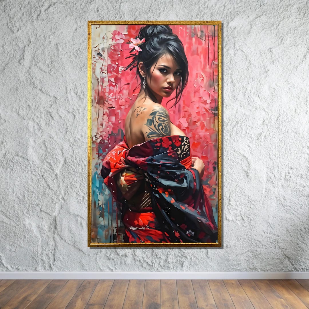 Tattooed Geisha Canvas Art, Japanese Woman Wall Print, Elegant Beauty ...