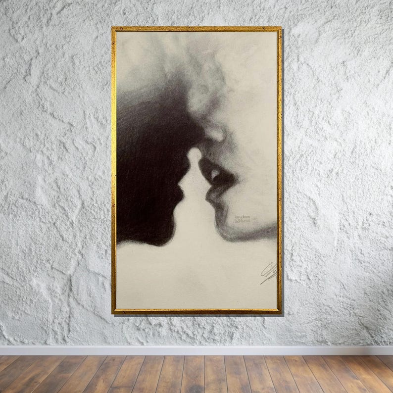 Intimate Shadow Kiss Art, Sensual Black and White Drawing, Romantic ...