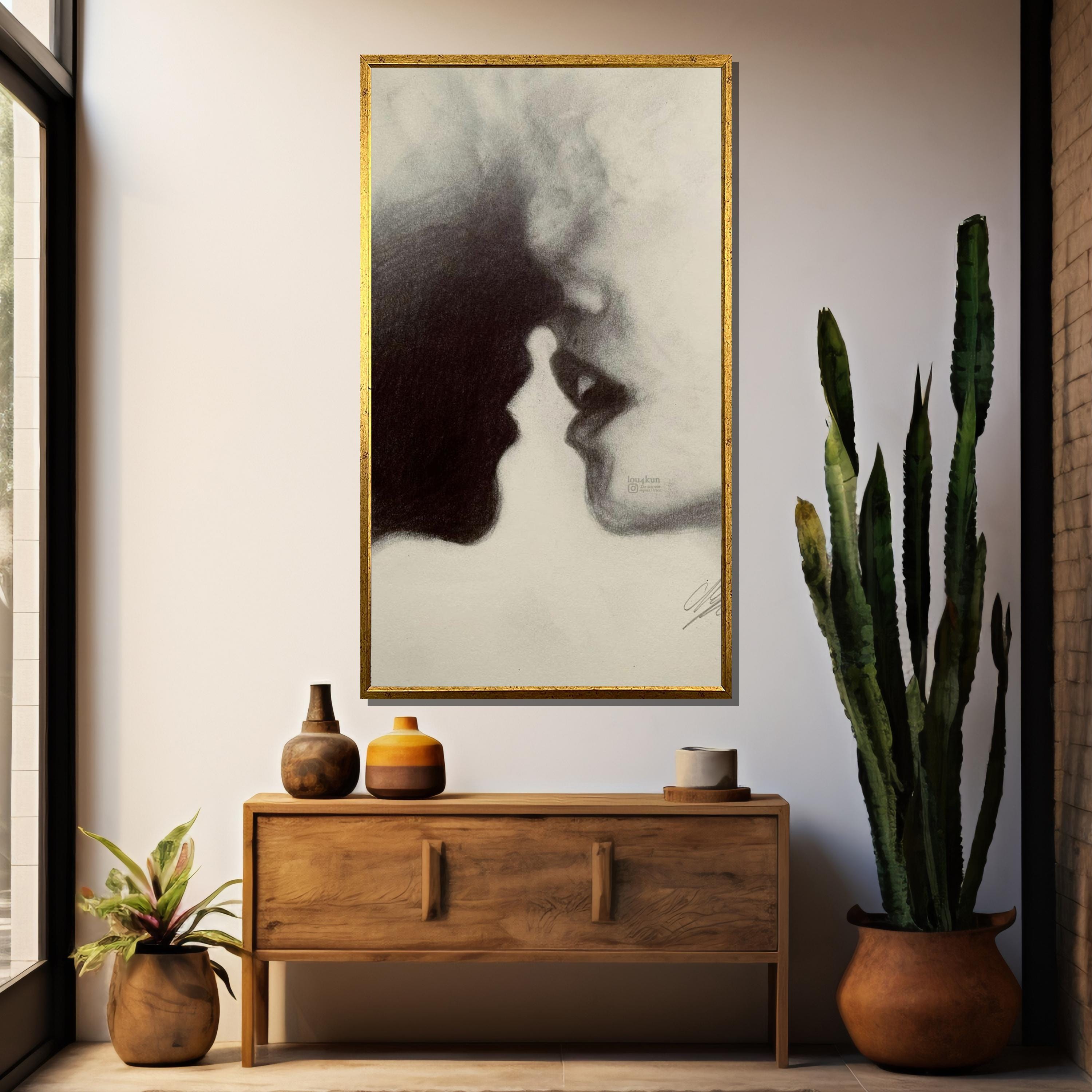 Intimate Shadow Kiss Art, Sensual Black and White Drawing, Romantic ...