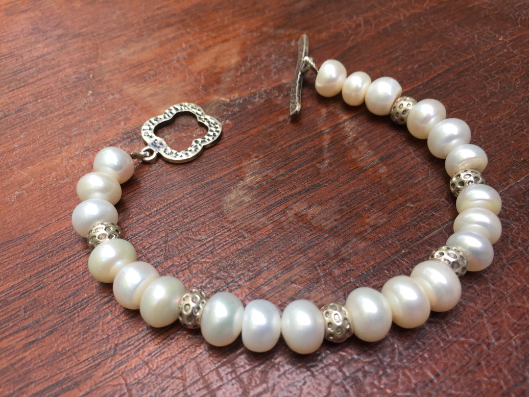 Freshwater Pearls Rounds Gemstone .925 Sterling Silver Bracelet Toggle ...