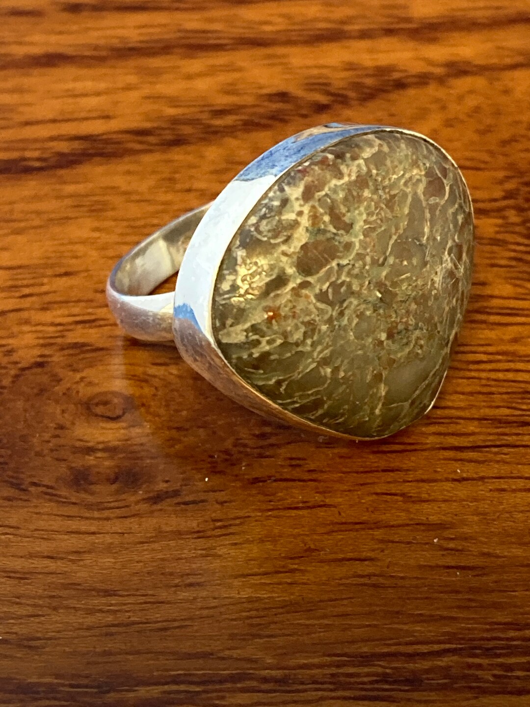 Ring, Fossil Agate Cabochon Boho Hippie Gemstone Ring Size 7, Sterling ...