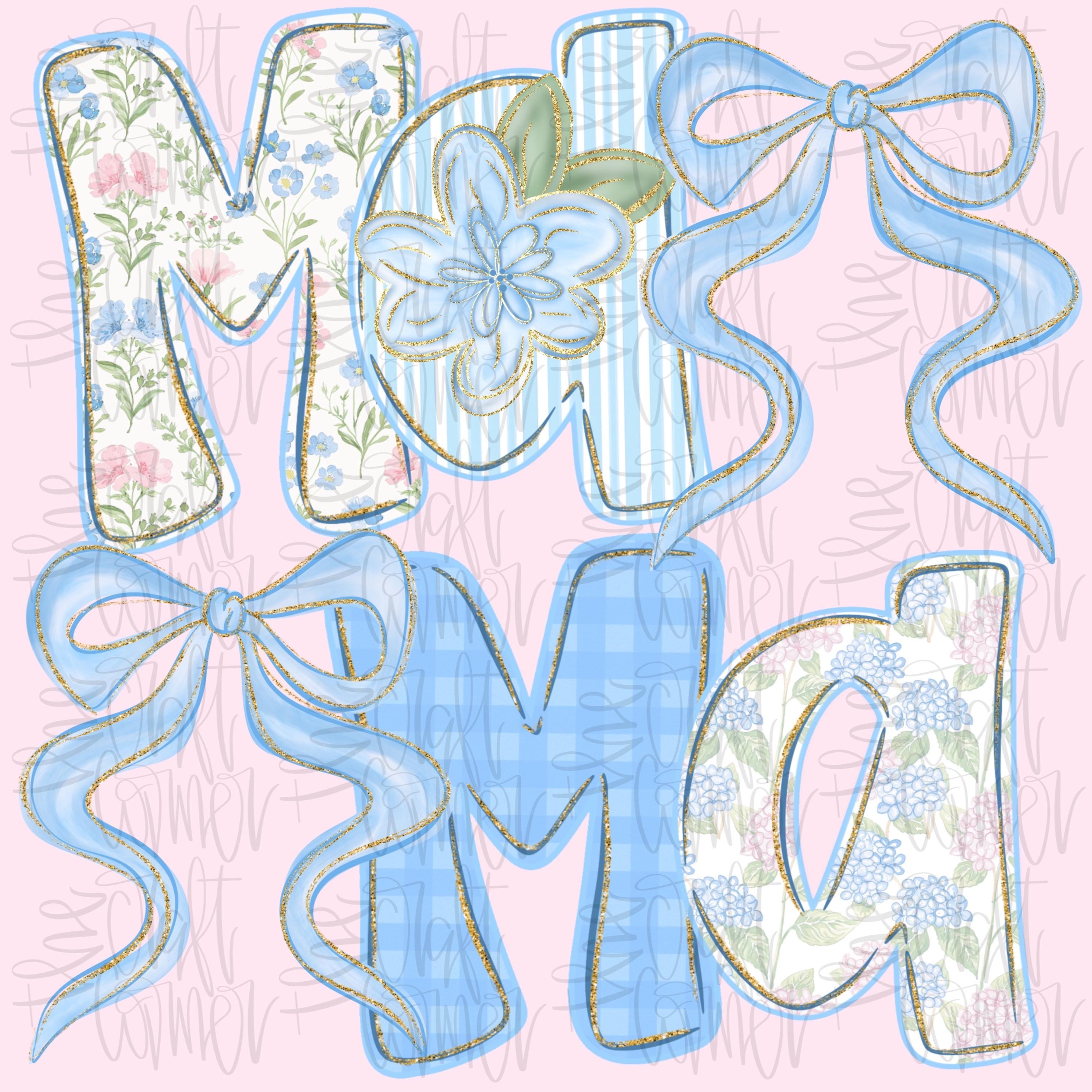 Grandmillennial Blue Alpha, Preppy Floral Alpha, Coquette Alpha Font ...