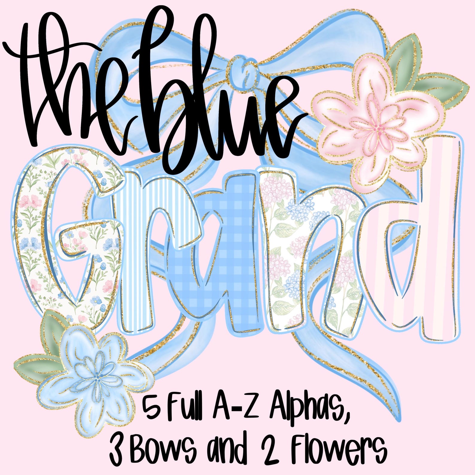 Grandmillennial Blue Alpha, Preppy Floral Alpha, Coquette Alpha Font ...