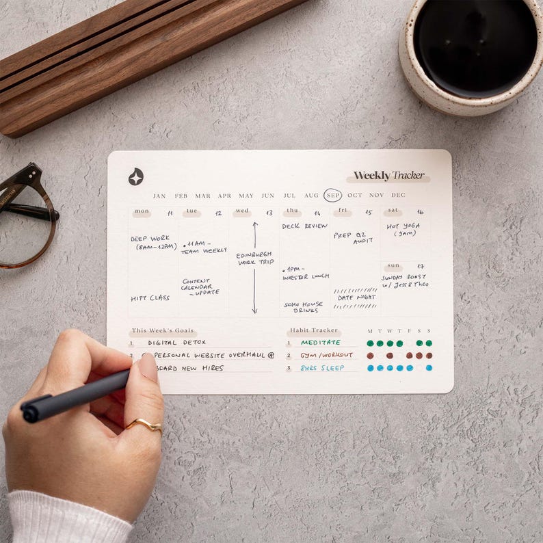 Weekly Desk Planner Cards With Walnut Stand | Habit & Goal Tracker - Etsy