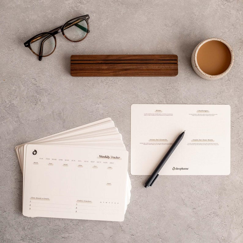 Weekly Desk Planner Cards With Walnut Stand | Habit & Goal Tracker - Etsy