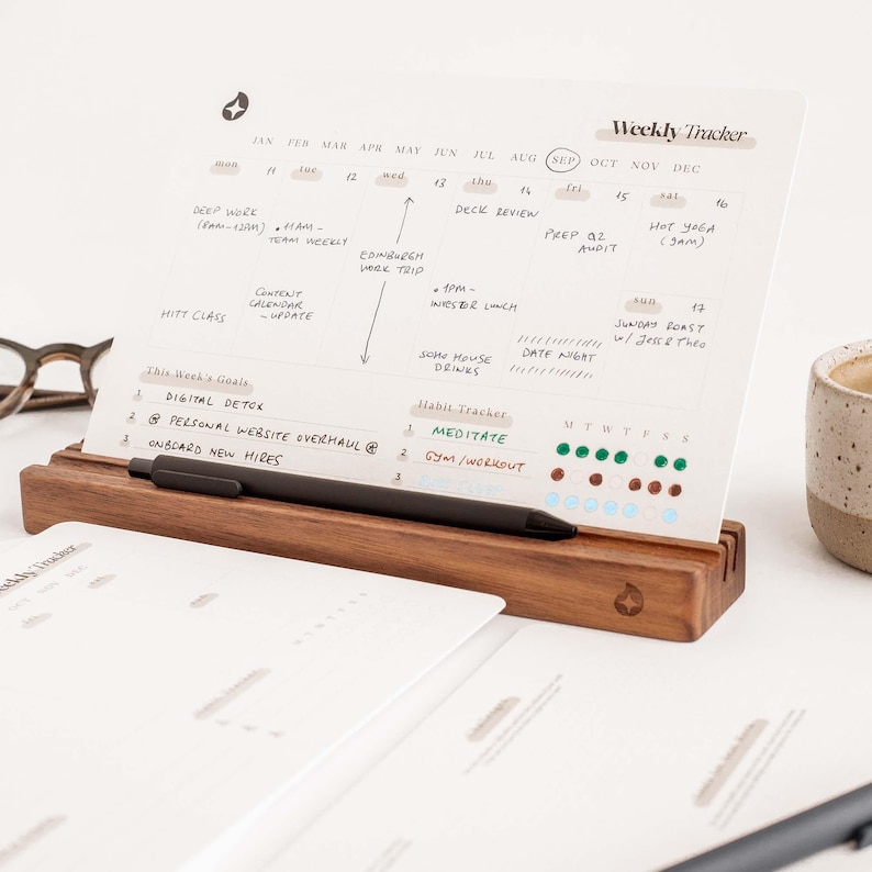 Weekly Desk Planner Cards With Walnut Stand | Habit & Goal Tracker - Etsy