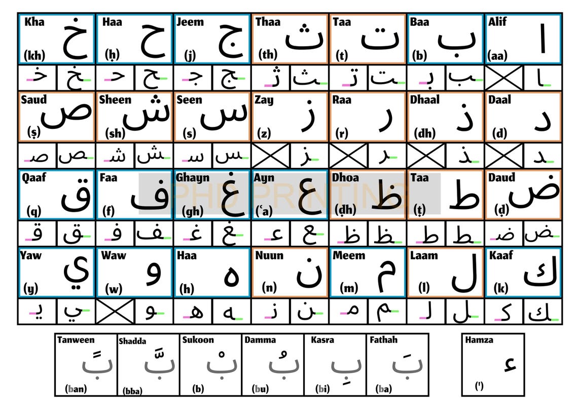 Arabic Alphabet Poster: Transliteration, Sun & Moon Letters (digital ...