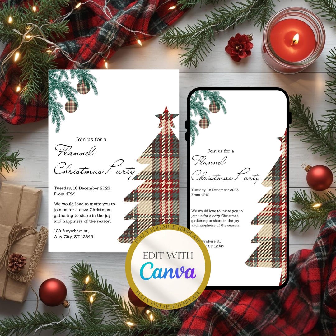 Flannel Christmas Party Invitation | Editable Canva Template | Plaid ...
