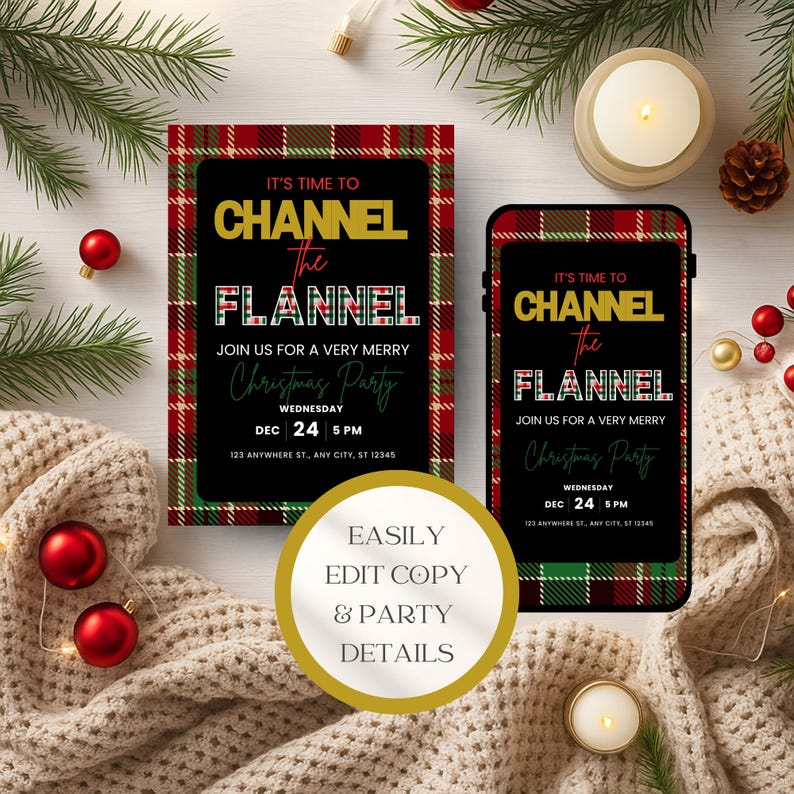 Flannel Christmas Party Invitation | Plaid Holiday Invite (digital ...