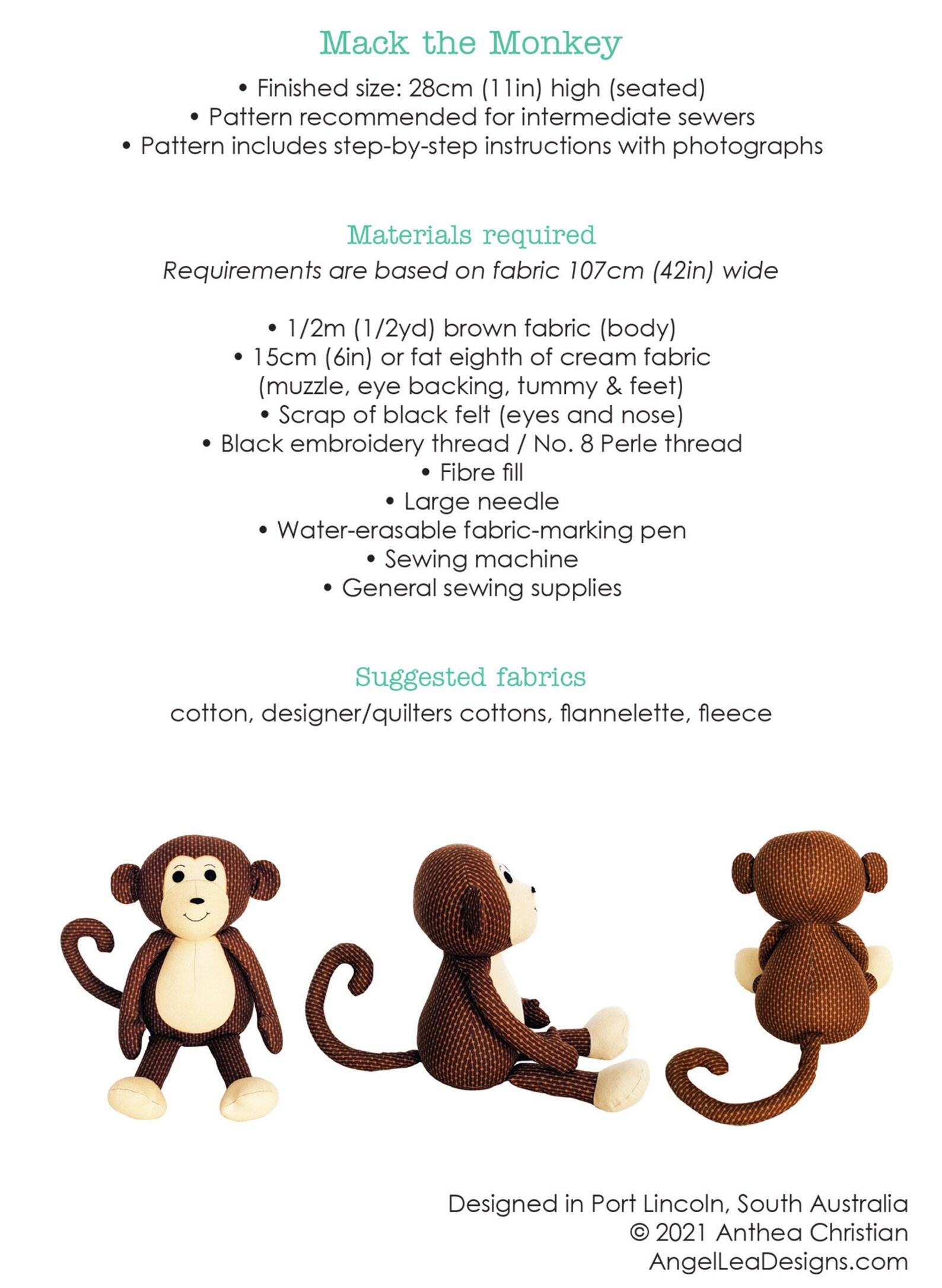 Monkey PDF Sewing Pattern. Mack the Monkey Stuffed Animal - Etsy