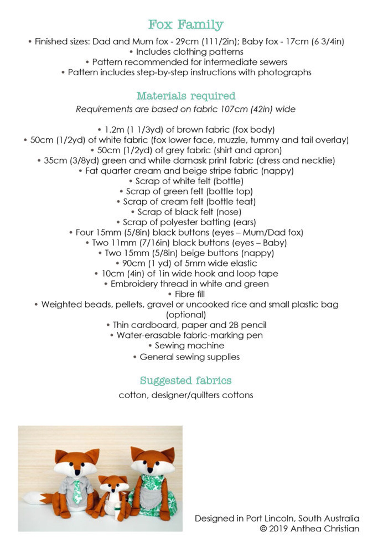 Fox Family PDF Sewing Pattern, Mum Dad & Baby Fox Stuffed Animal ...