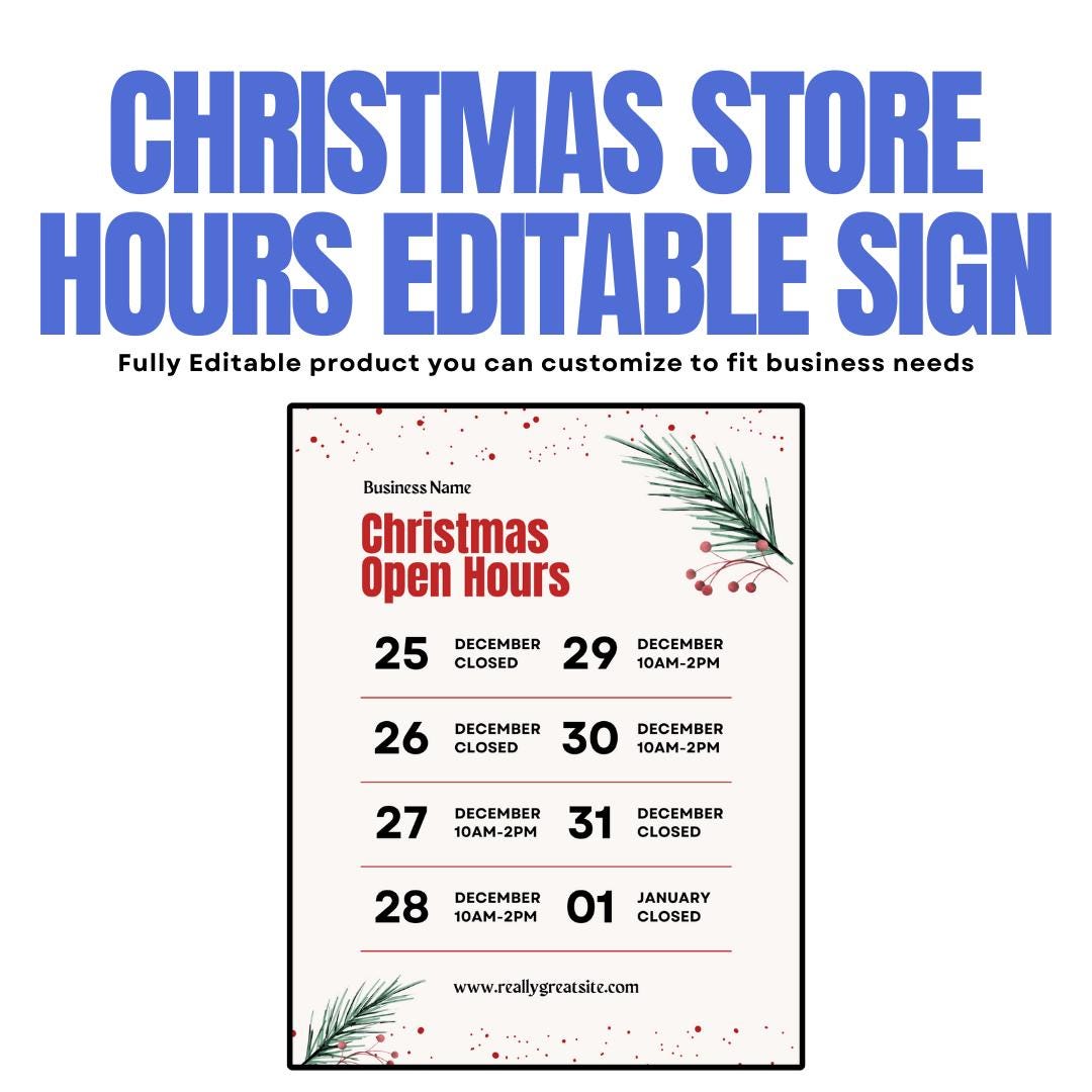 Christmas Store Hours Editable Template - Etsy