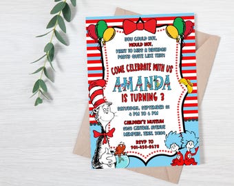 Dr Seuss Party Invitation, Seuss Birthday Party Invitations, Cat in the ...