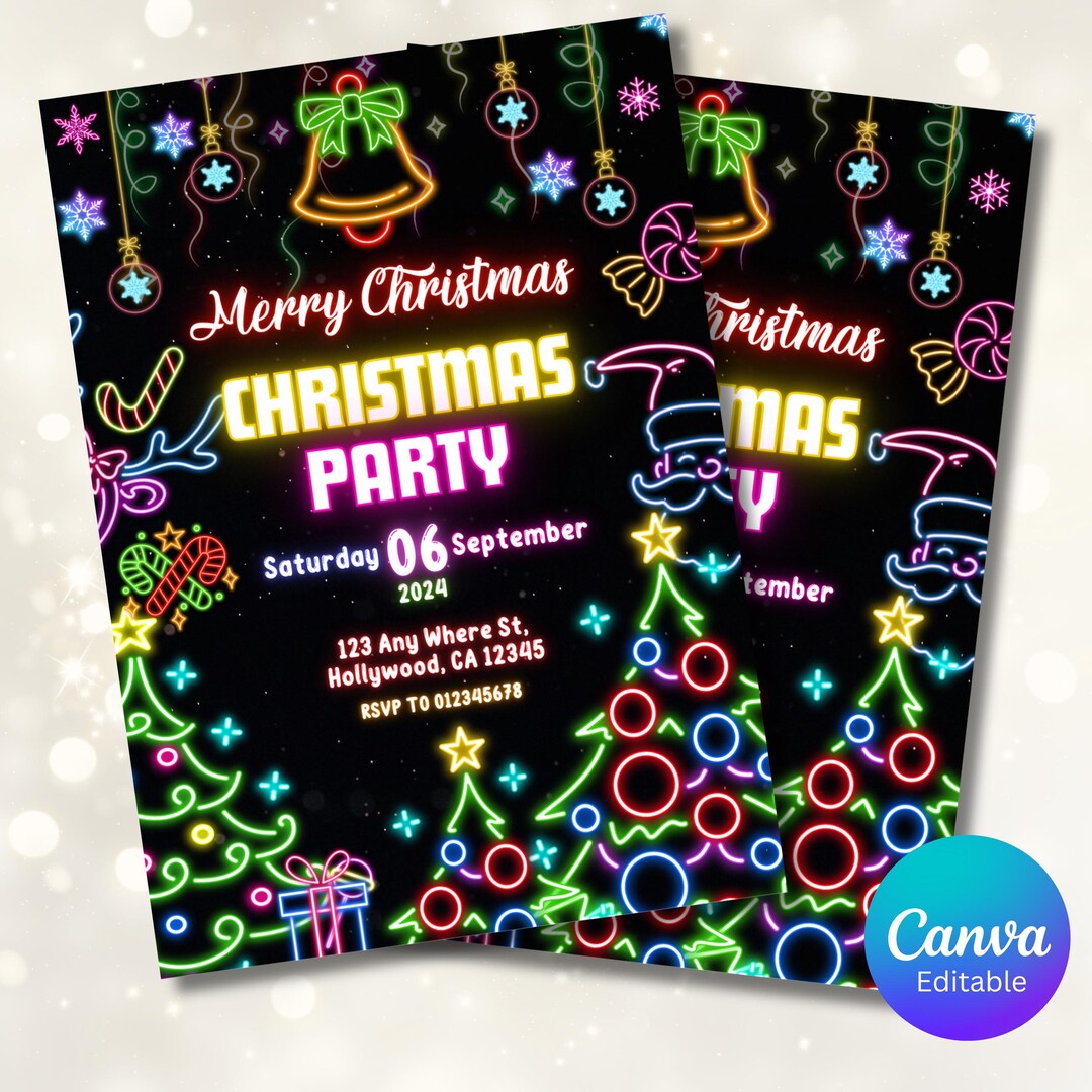 Editable Neon Christmas Party Invitation, DIGITAL Holiday Party Invite ...