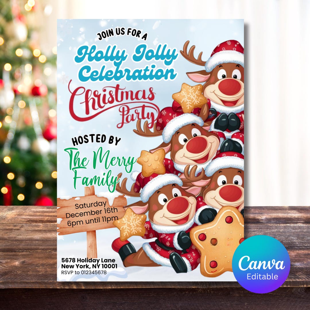 Editable Cute Reindeer Christmas Party Invitation, Rounding up the Gang ...