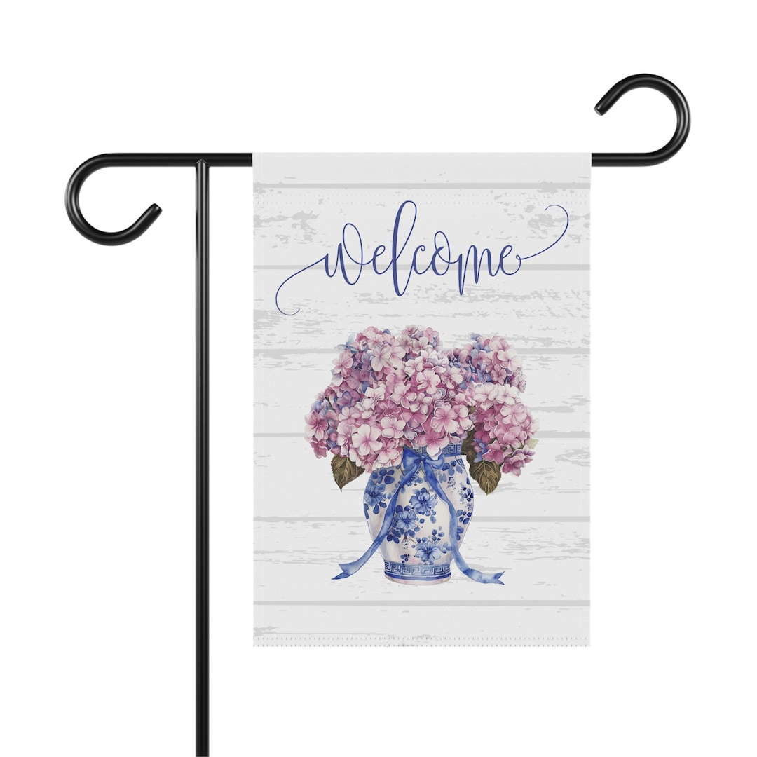 Hydrangea Preppy Blue and White Welcome Flag, Preppy Blue Spring Flag ...