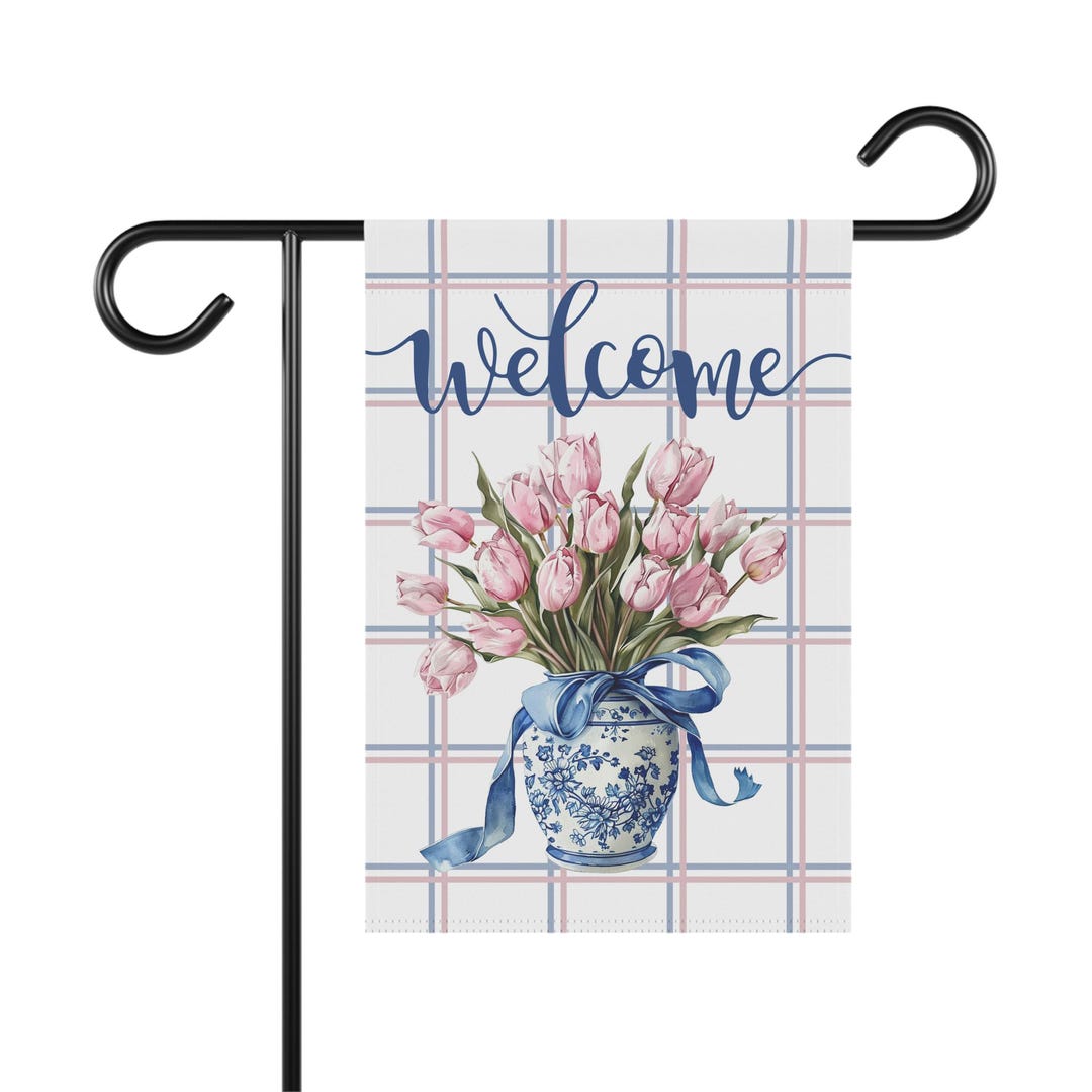 Preppy Tulip Welcome Flag, Preppy Blue Spring Flag, Blue and Pink ...