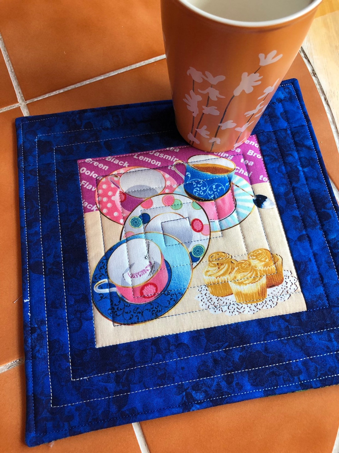 Tea for Two Mug Rug, Over-sized Coaster, Quilted, Blue Mug Rug, Cupcake ...
