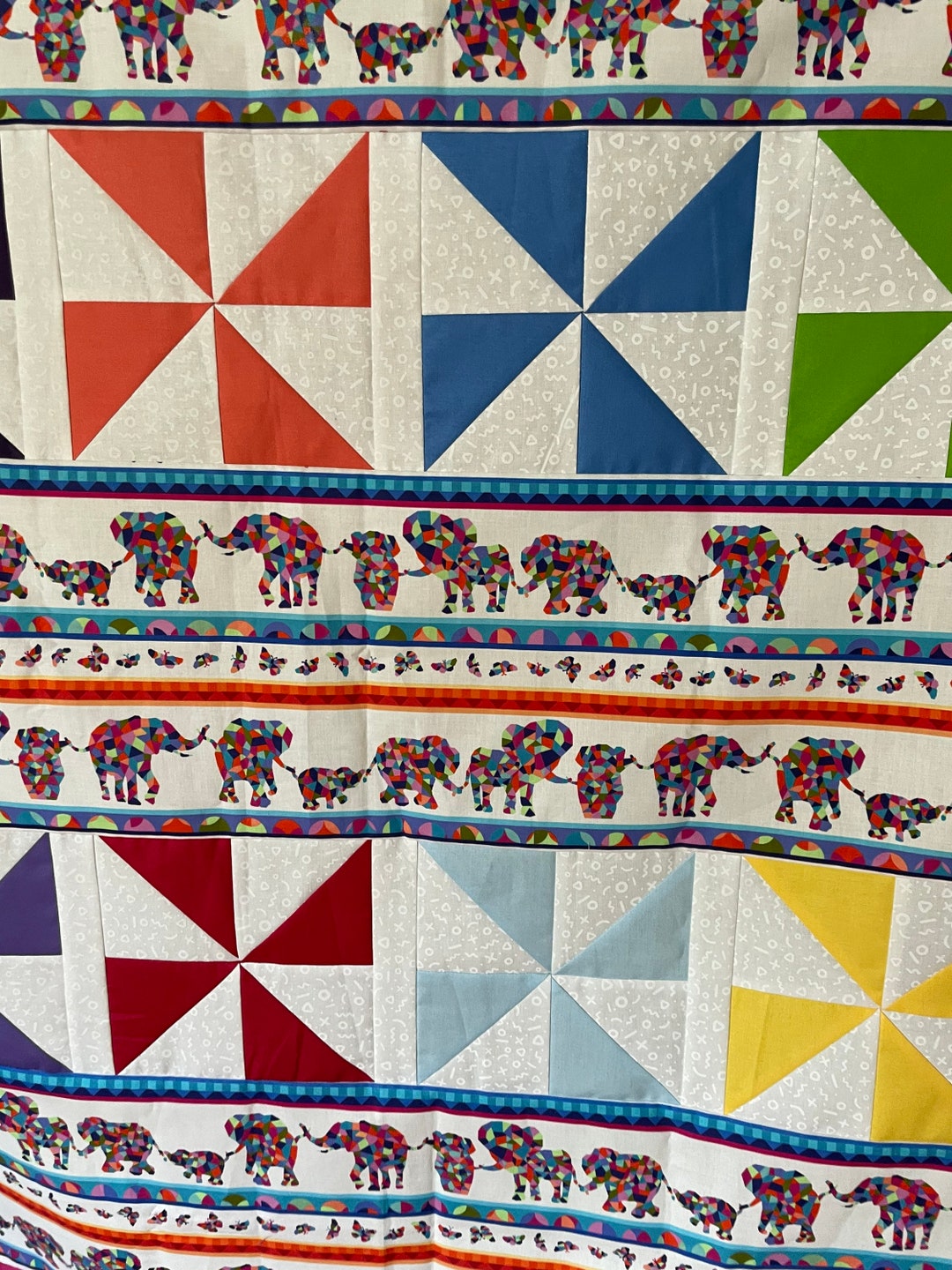 Elephants and Pinwheels Quilt TOP Kit, UNFINISHED, Lap Sized 59 X 49 ...