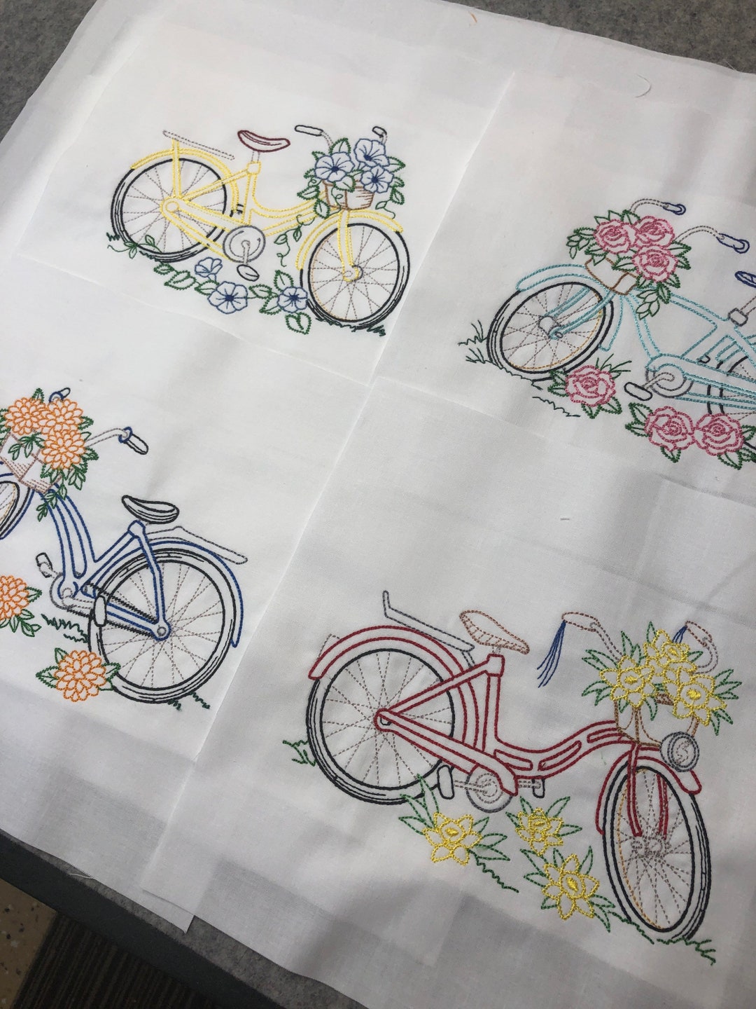Vintage Bicycles, 4 Embroidered Quilt Blocks Ready to Sew Precut Fabric ...