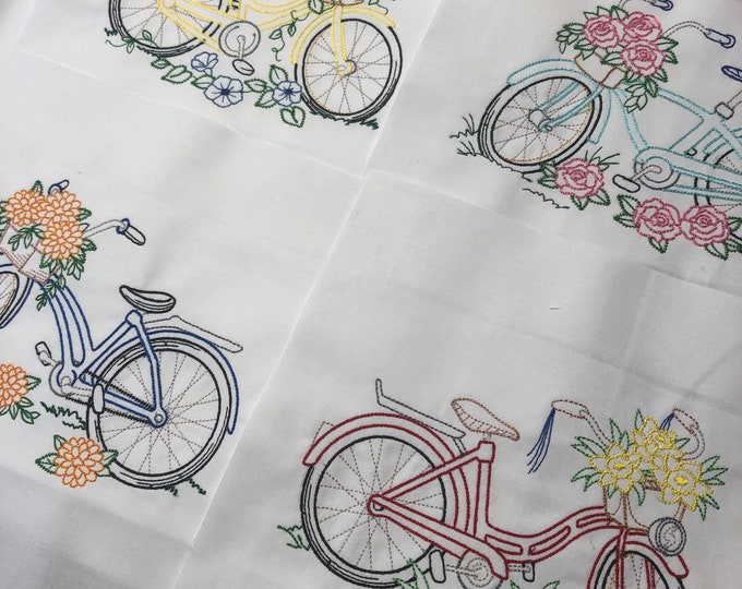 Vintage Bicycles, 4 Embroidered Quilt Blocks Ready to Sew Precut Fabric ...
