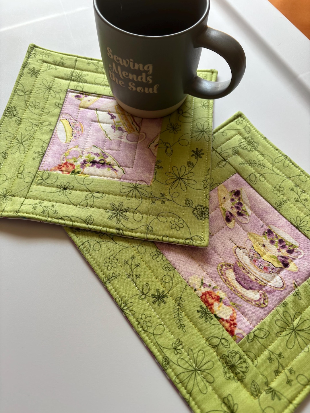 Tea Mug Rug Set of 2, Oversized Coaster, 8 Inch, Purple, Green, Floral ...