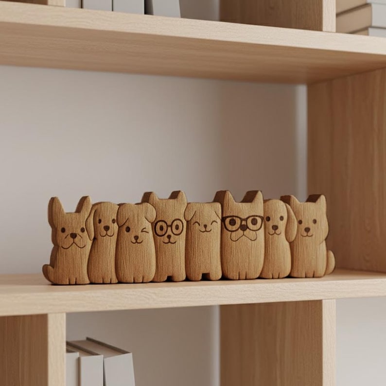 Hand Carving Wooden Dogs Figurine Desk Decor Cute Wood Puppy Sculpture ...