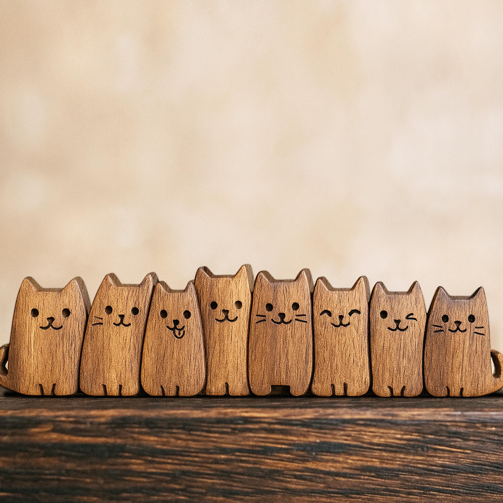 Hand Carving Wooden Cat Figurine Desk Decor Cute Wood Kitten Sculpture ...