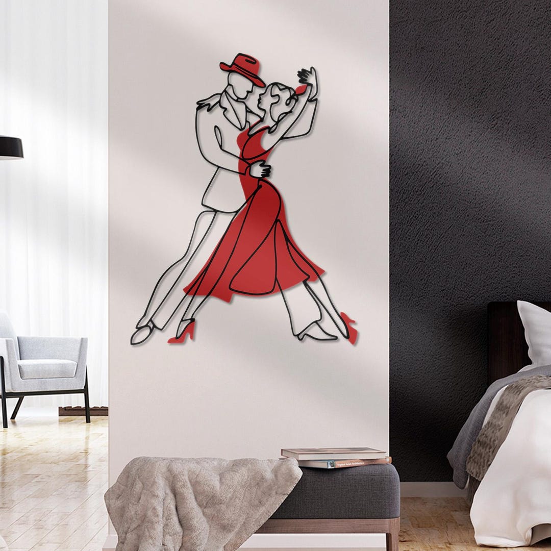 Minimalist Dancing Couple Line Art Metal Wooden Wall Art LED Light ...