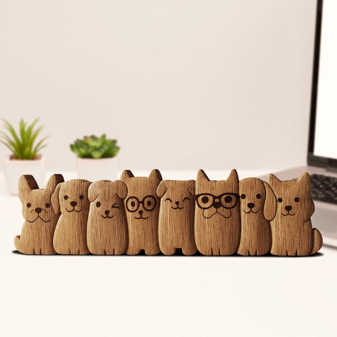Hand Carving Wooden Dogs Figurine Desk Decor Cute Wood Puppy Sculpture ...