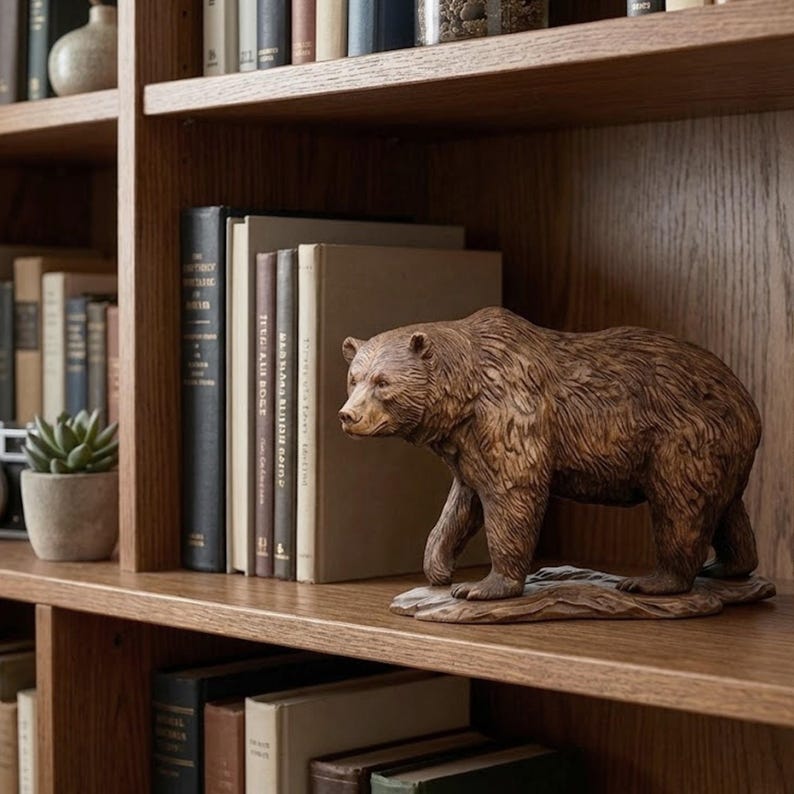 Hand Carving Wooden Cute Gizzly Bear Figurine, Handcrafted Desk ...