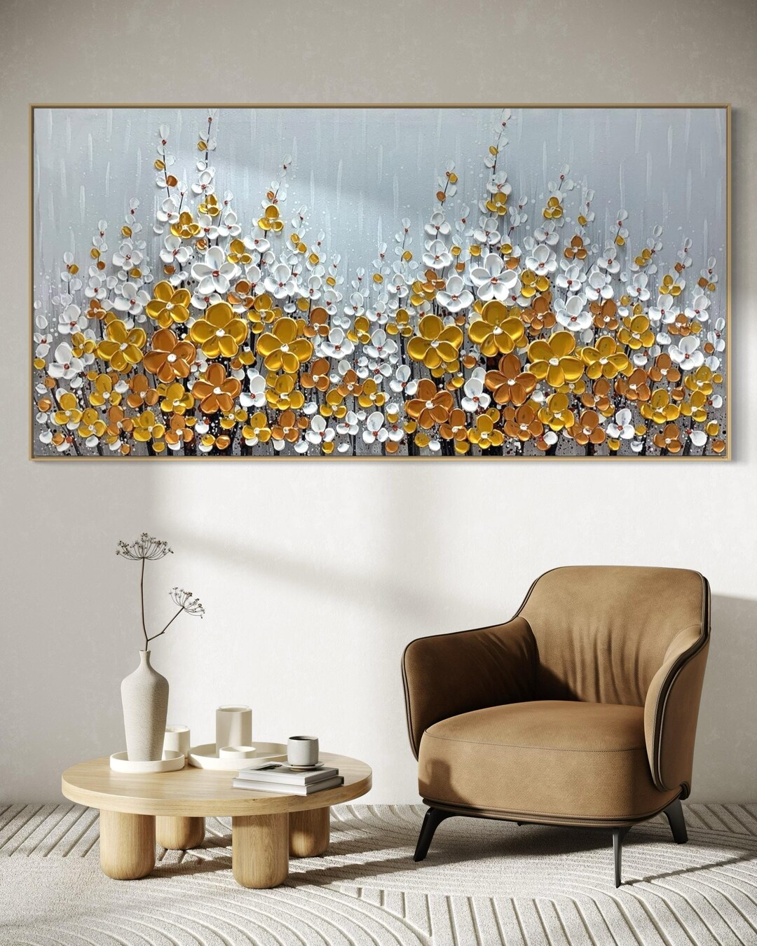 Gold White Flowers Horizontal Oil Painting, Floral Heavy Textured Wall ...