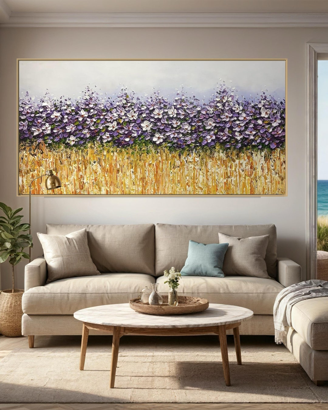 Textured Flowering Shrubs Oil Painting, Abstract Violet Hand Painted ...