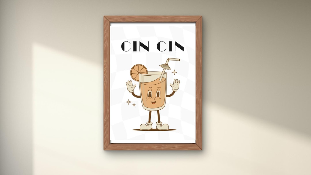Cin Cin Character Print | Retro G&T Gin Glass Smiling | Orange Happy ...